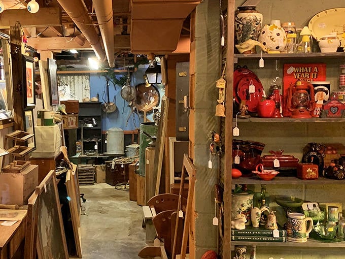 Peek down this narrow aisle and discover a world where red lanterns and vintage kitchenware create a treasure hunter's dream path.