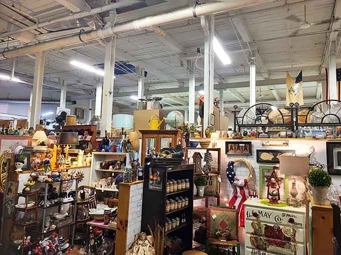 A wonderland of treasures fills this expansive room, where vintage lamps, decorative items, and Americana create an explorer's paradise.