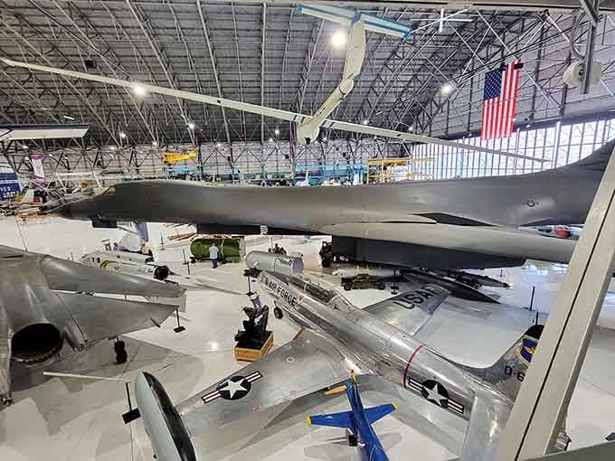 A breathtaking view from above, where iconic planes and sleek bombers steal the spotlight in this expansive museum.