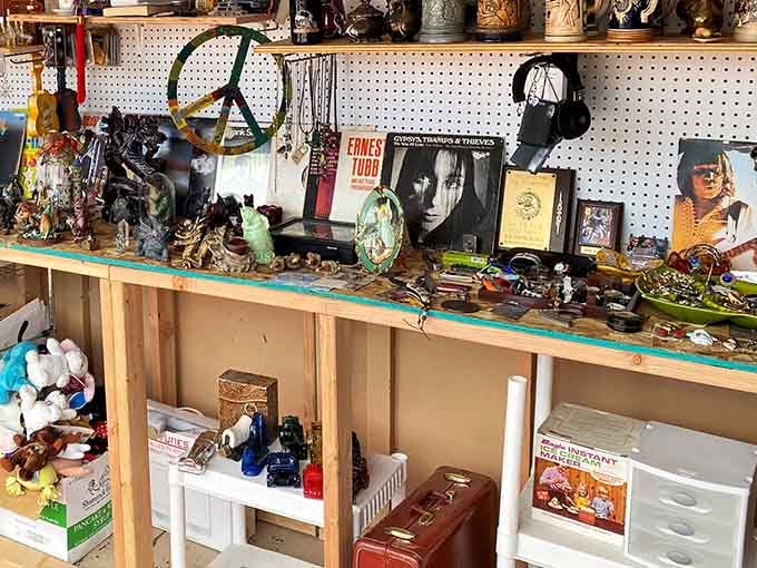 Shelves overflow with vintage curiosities and collectibles, each item whispering stories of lives lived and memories made elsewhere.
