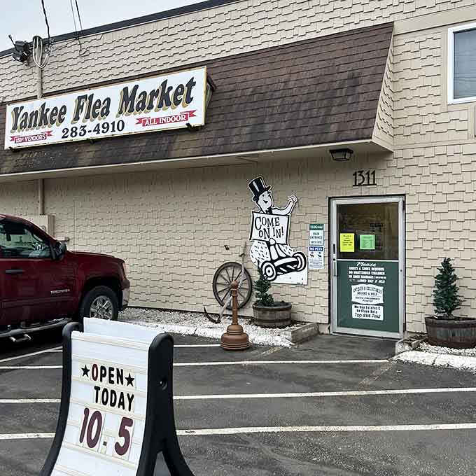 The cheerful Uncle Sam cutout waves you inside, promising deals that'll make your wallet surprisingly happy for once.