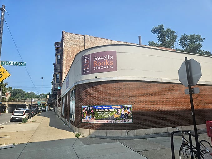 That distinctive curved corner and brick facade signals you've arrived at book lover's paradise in Hyde Park.
