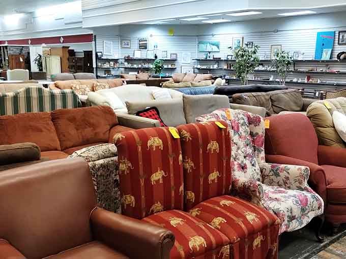 Inside the store, you'll find plenty of sofas, creating a cozy haven for bargain hunters searching for treasure-filled finds.