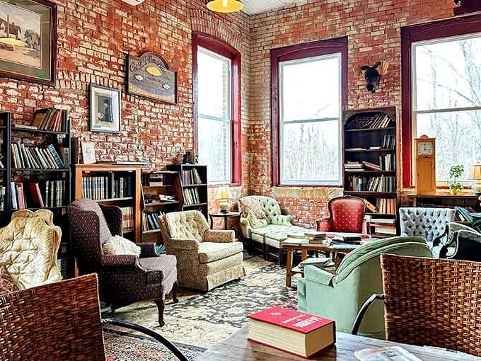Those exposed brick walls and vintage chairs create a living room vibe that makes browsing feel like visiting a stylish friend's house.