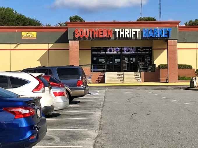 The storefront promises adventure, and those full parking spots suggest everyone's already in on the secret.