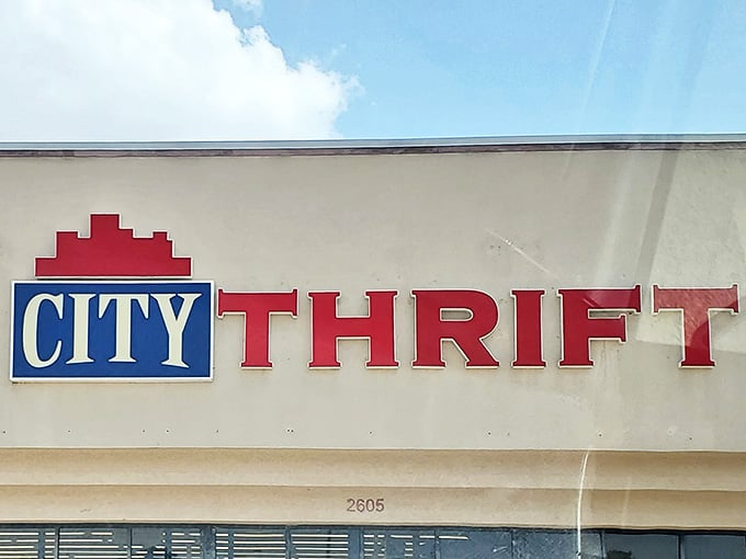 The iconic City Thrift sign stands proud against the Mississippi sky, a beacon for bargain hunters and vintage enthusiasts alike.