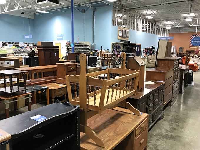 Furniture stretches as far as the eye can see, proving one person's donation is another's decorating jackpot.