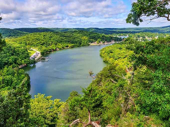 The castle overlooks Lake of the Ozarks, proving Missouri knows how to do dramatic landscapes right.