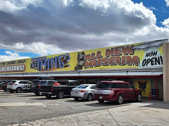 Those yellow signs aren't lying when they promise mystery, and this bustling parking lot proves curiosity still wins.
