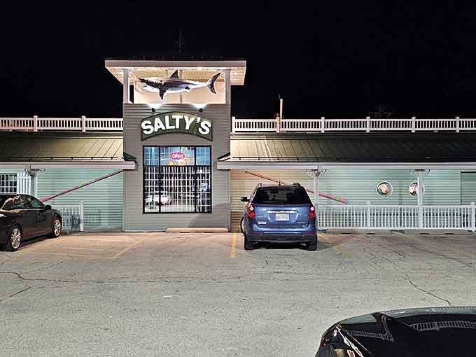 The shark above Salty's entrance isn't just decoration&mdash;it's a promise of the oceanic delights waiting inside this Fond du Lac treasure.