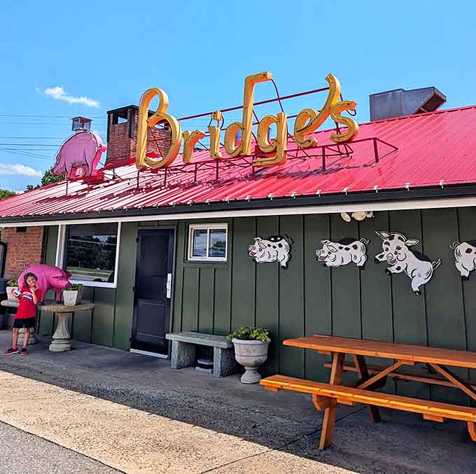 That iconic red roof and vintage "Bridges" sign against the Carolina blue sky is like a beacon calling all barbecue pilgrims home.
