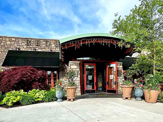 That stone facade and welcoming entrance promise good things are waiting inside for your hungry stomach.