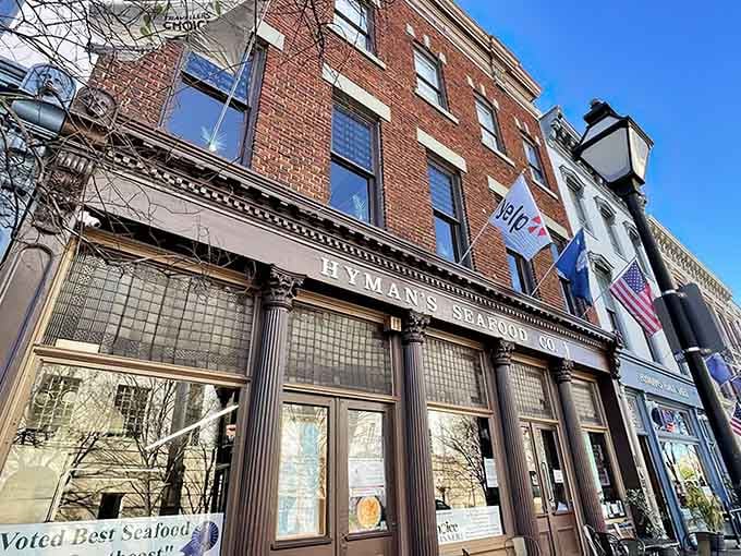 That classic storefront promises serious seafood inside, no fancy frills required for what awaits you here.