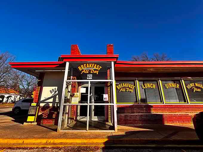 Morning sunshine illuminates Norma's facade, where the "HOME MADE PIES" window signage makes no empty promises.