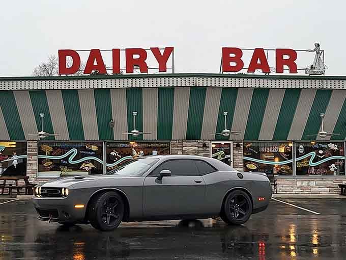 Even on a rainy day, those green and white stripes shine like a beacon of comfort food hope.