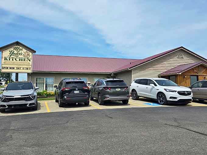 Mrs. Yoder's Kitchen welcomes hungry travelers with a packed parking lot that tells you everything you need to know about what's waiting inside.