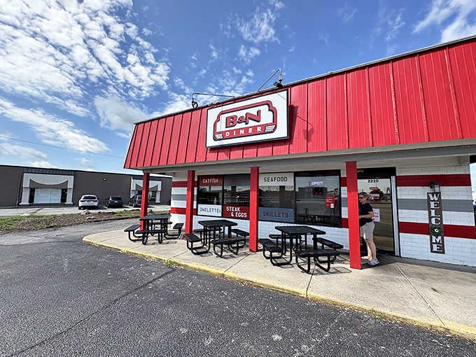 The bright red exterior of B&N Diner stands like a beacon of breakfast hope against the Indiana sky. Come hungry, leave happy.