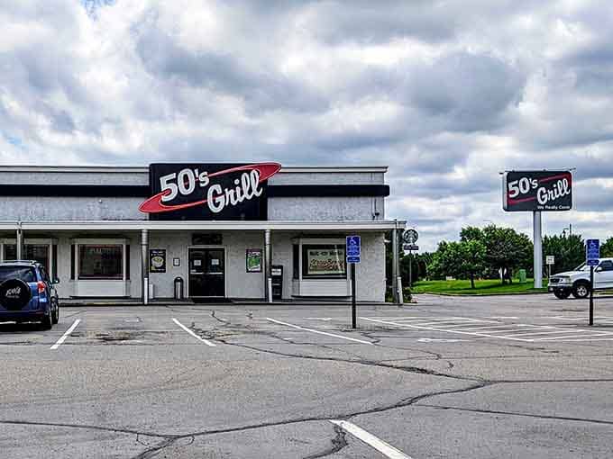 One look at this building and you know exactly what decade it's channeling, right down to the parking lot.