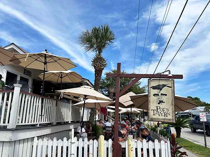 Outdoor seating under sunny skies and palm trees makes Poe's Tavern the ideal spot for a delicious Sullivan's Island lunch.
