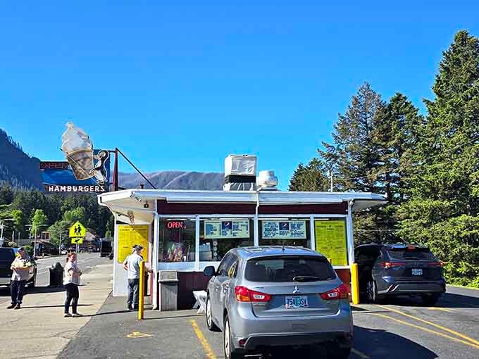 That giant ice cream cone perched on the roof isn't false advertising, it's a delicious promise with mountain views.
