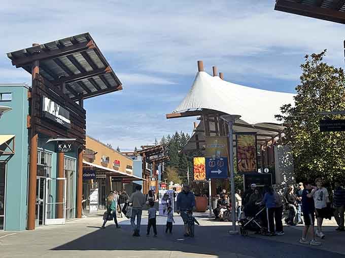 The Pacific Northwest architecture shines at Seattle Premium Outlets, where covered walkways mean your shopping spree won't be dampened by Washington's infamous drizzle.