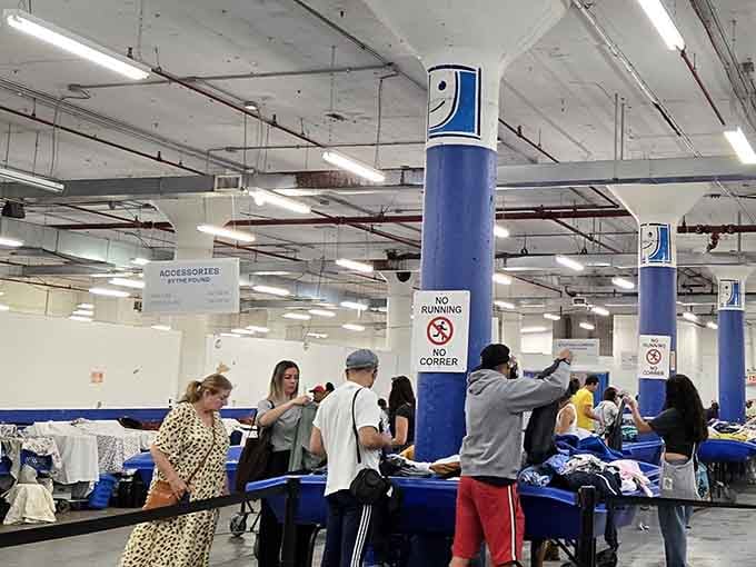 The iconic blue bins stretch across the warehouse floor, ready for treasure hunters to discover their next favorite thing.