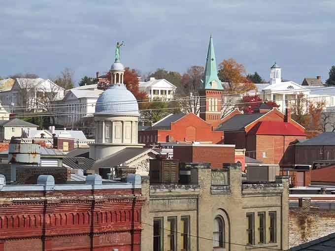 Those rolling hills and church steeples aren't Photoshopped, they're just regular Tuesday afternoon in Staunton, Virginia's most photogenic downtown.