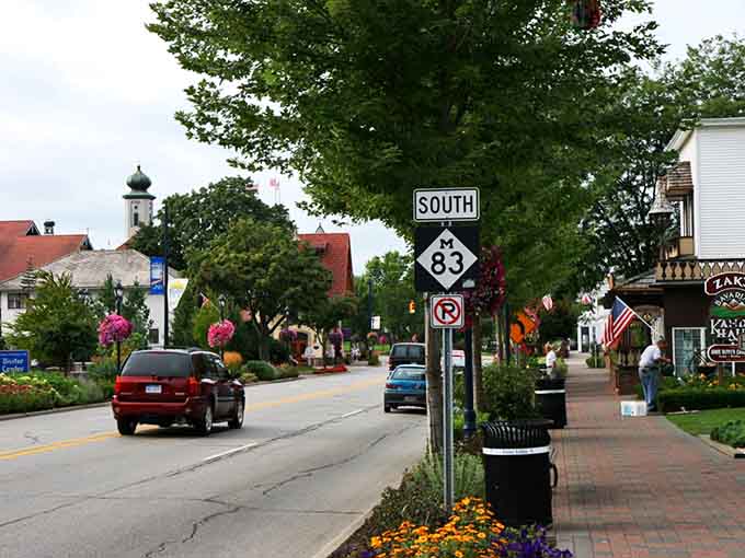 Tree-lined streets and flower-filled planters create a welcoming atmosphere as you explore this delightful German-themed town perfect for a leisurely stroll.