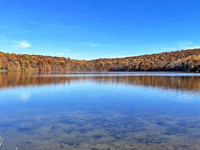 Fall foliage reflected in crystal-clear water: this is New Jersey showing off for the camera.