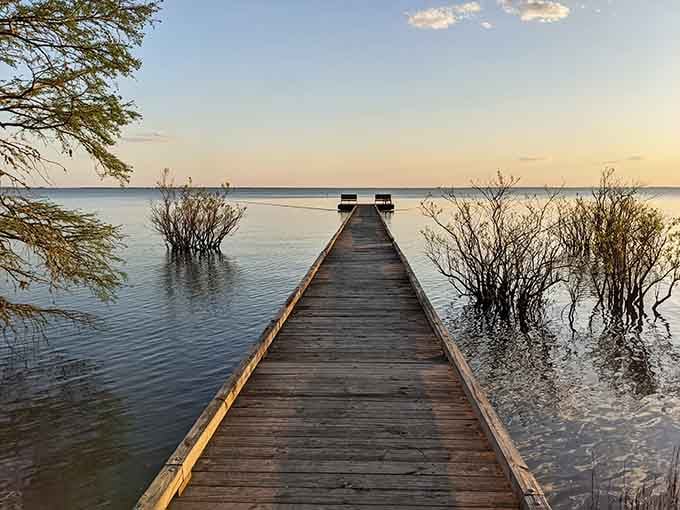 That wooden pier stretching into Lake Phelps looks like the gateway to another dimension of tranquility and fish.