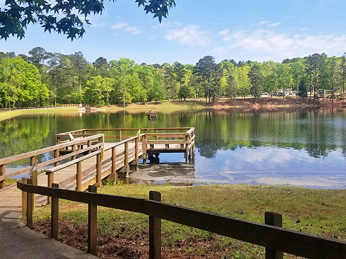 Lake Delanor's wooden pier invites you to sit a spell, where the only urgent notification is the occasional ripple from a curious fish below.