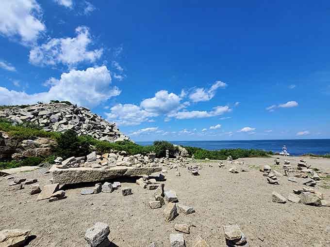 Rock stacks and ocean views&mdash;where visitors create temporary monuments while the Atlantic provides the ultimate backdrop for geological creativity.