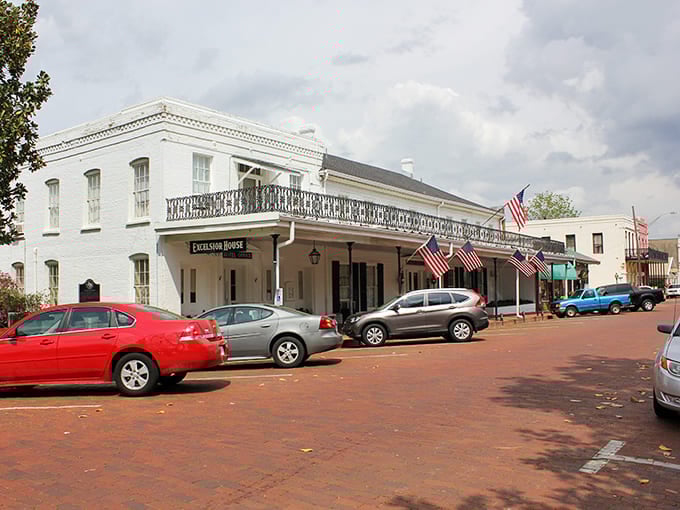 The Excelsior House Hotel stands as Jefferson's grand dame, where brick streets and American flags remind you that history isn't just in textbooks&mdash;it's beneath your feet.