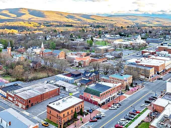 Wytheville sprawls beneath golden afternoon light, a patchwork of history and small-town charm nestled in Virginia's Blue Ridge Mountains.