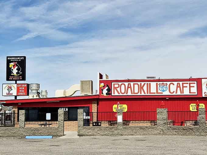 That bright red building isn't a mirage, it's your destination for the most hilariously named lunch you'll ever eat.