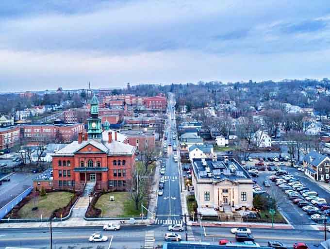 From above, Willimantic's red brick heritage spreads out like a beautiful reminder that industrial towns can have serious architectural charm.