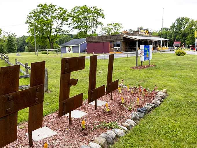 Those giant rust-colored letters spell out exactly where you are, just in case the devil merchandise didn't tip you off.