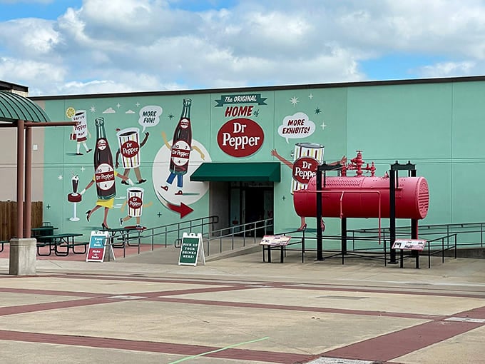 That turquoise wall covered in dancing Dr Pepper bottles might be the happiest building facade in all of Texas.