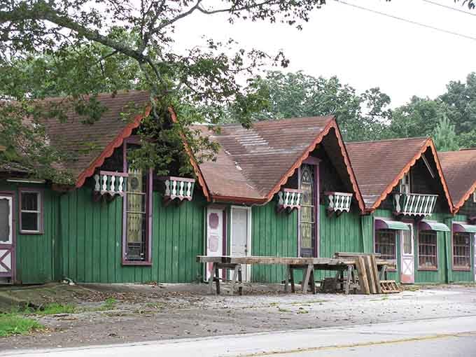Those charming green buildings with their gingerbread trim are pure mountain nostalgia brought to life.