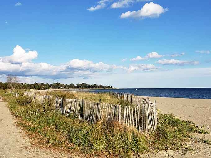 Where land meets sea in perfect harmony. The weathered fence stands guard over dunes and beach grass, nature's own boundary between worlds.