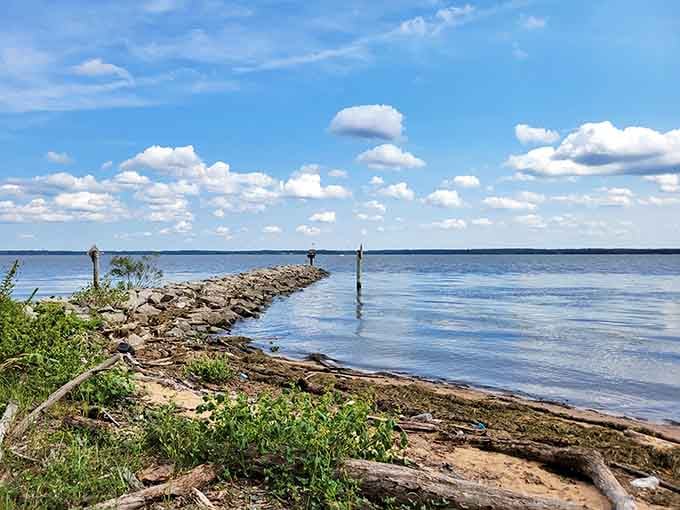 Cloud-watching reaches professional levels here. The stone breakwater creates a perfect dividing line between the gentle beach and the vast Potomac's blue expanse.