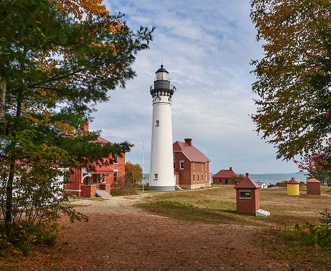 The keeper's quarters from above showing the red roofs that create Michigan's most photogenic color palette with nature.