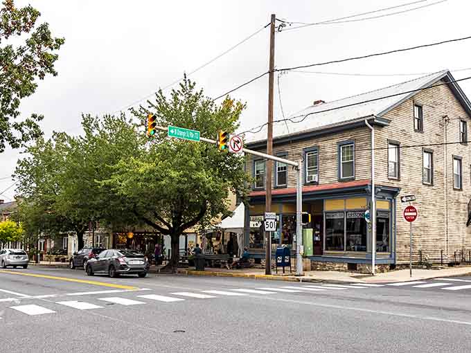 Main Street Lititz looking like it stepped out of a time capsule, minus the questionable fashion choices.