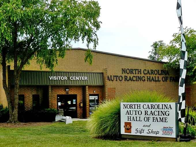 The welcoming entrance to Mooresville's racing shrine, complete with checkered flag &ndash; a fitting gateway to "Race City USA's" mechanical time capsule.