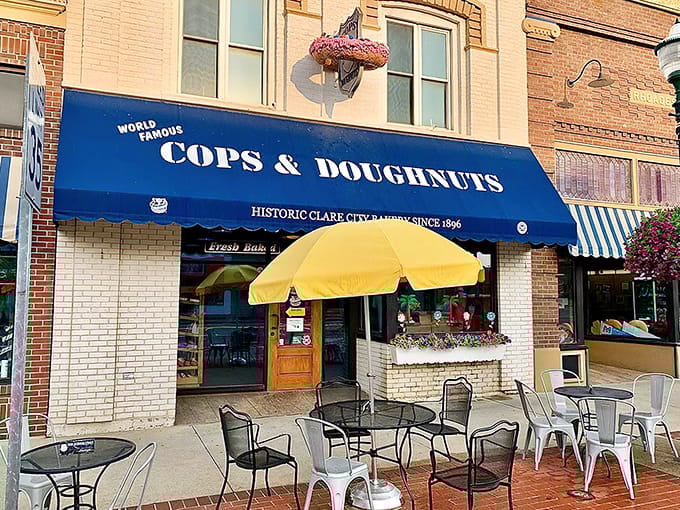 Outdoor seating under striped awnings makes this the sweetest stakeout location in central Michigan.