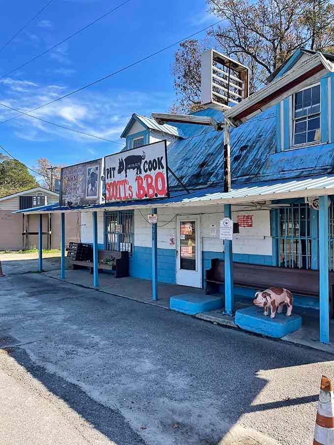 That weathered blue exterior isn't just charming&mdash;it's a badge of honor earned through decades of serious barbecue business.