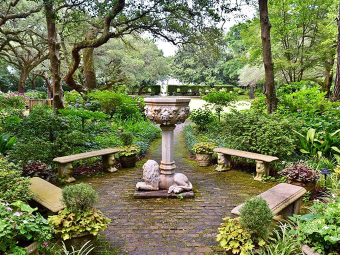 Stone benches invite contemplation while that fountain whispers secrets only the flowers seem to understand.