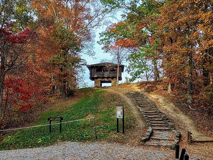 This rustic overlook shelter stands like a woodland throne atop autumn-painted hills. The stairway to heaven apparently has a Midwest connection.