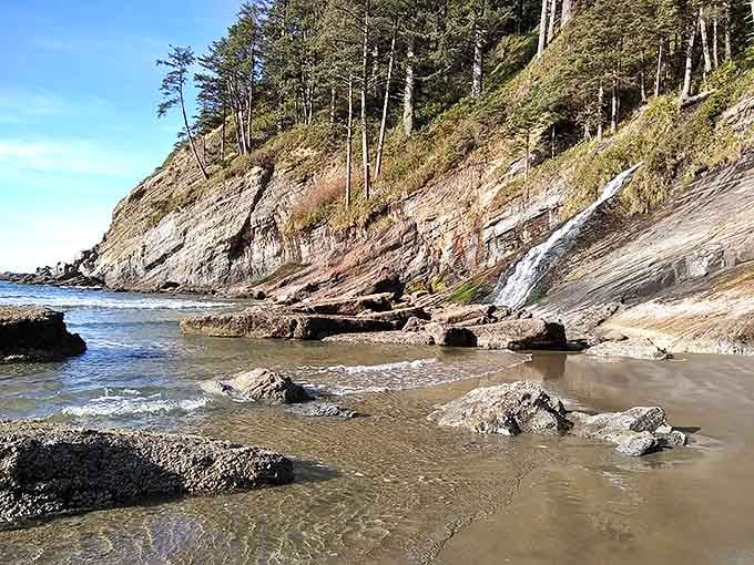 Where land meets sea in a geological handshake. These tide-washed rocks have been patiently waiting millions of years for your Instagram moment.