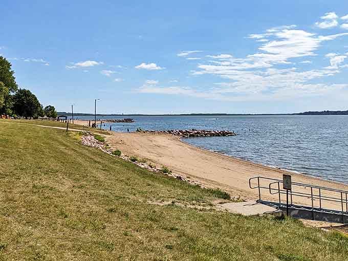 Sandy beaches with gentle slopes make Lewis and Clark Recreation Area ideal for swimmers of all ages on hot summer days.